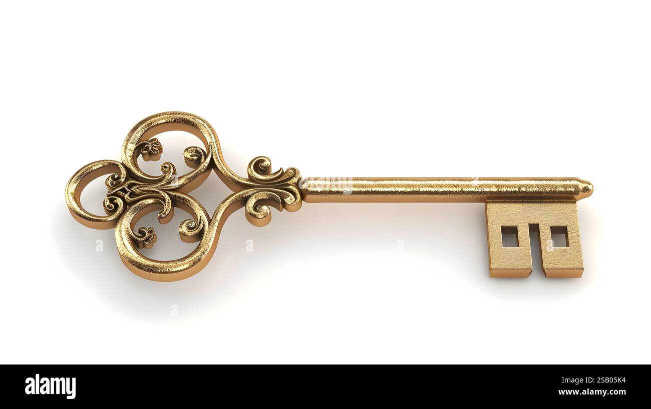 This image depicts a meticulously crafted 3D icon of an antique key in ...