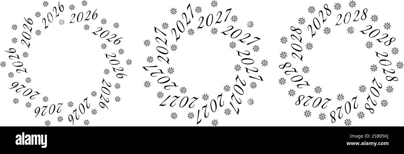 2026, 2027, 2028 Dates and snowflakes Circular Frame Border Set 3 New ...