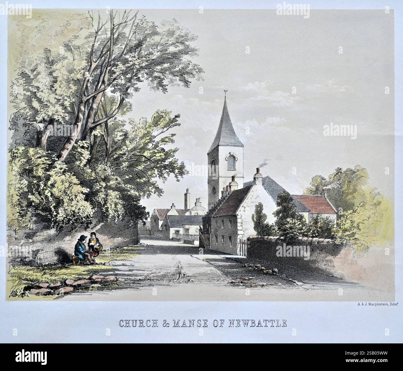 Church & Manse of Newbattle, Midlothian, Scotland, vintage coloured ...