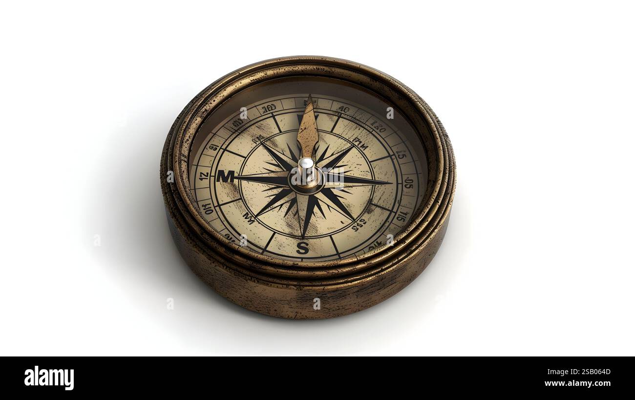 This image depicts a classic antique brass compass icon,symbolizing the ...