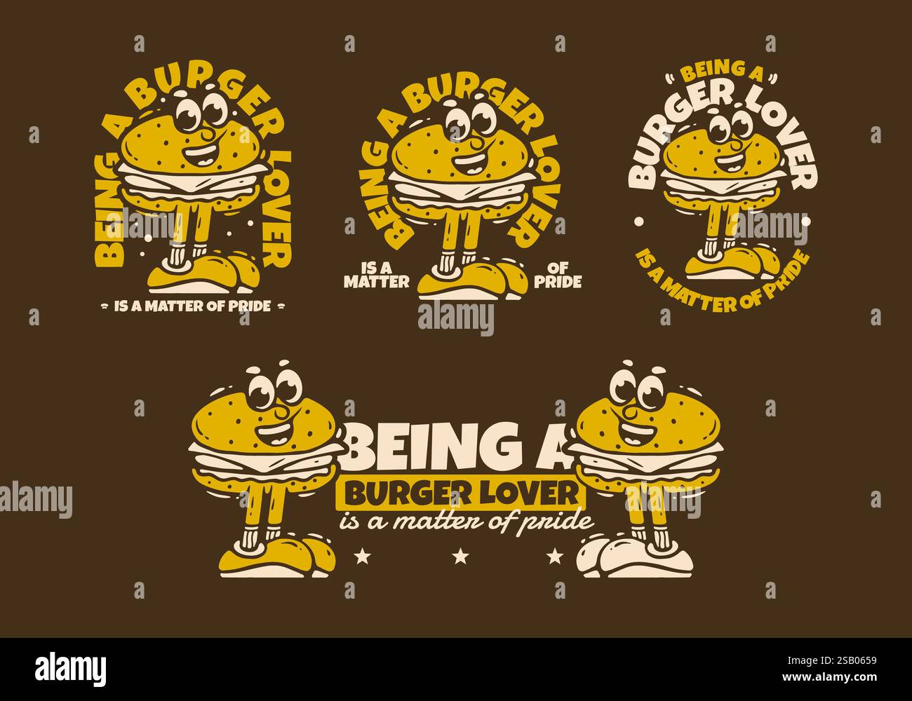 Burger lover mascot character with leg illustration design in retro ...