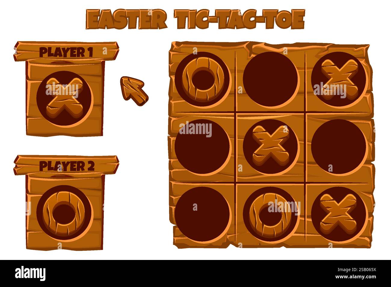 Tic-Tac-Toe wooden style, UI game with cursor arrow. Vector cartoon ...