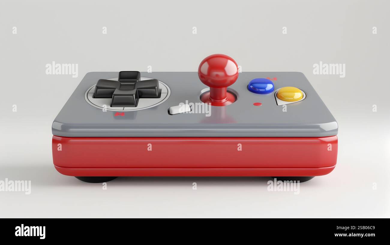 This image depicts a 3D of a classic video game controller joystick ...