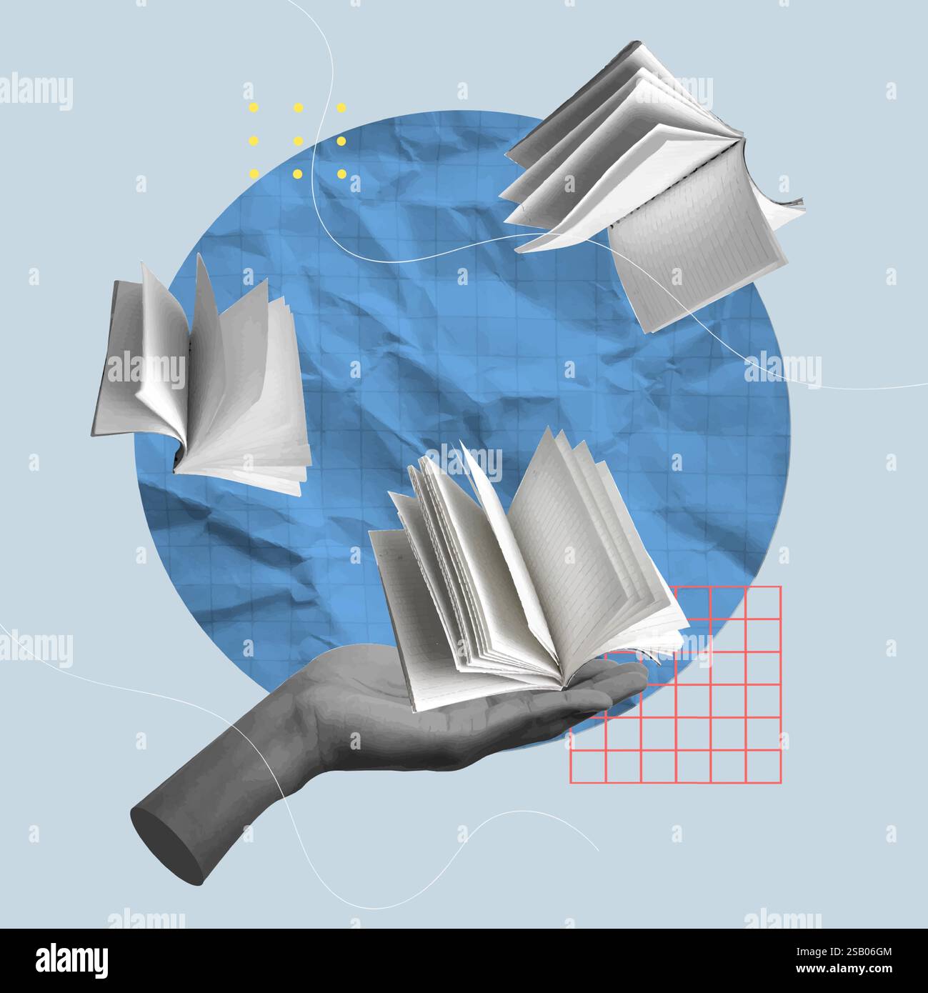 Dynamic collage of floating books in hand, showcasing creativity and ...