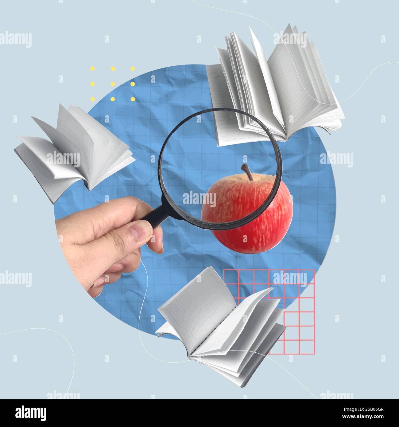 Intriguing collage of an apple and books under a magnifying glass on a ...