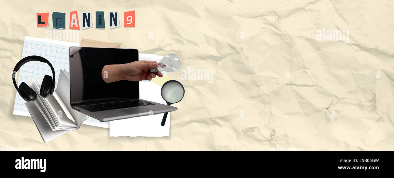 Dynamic collage of learning tools featuring a laptop, light bulb, and ...