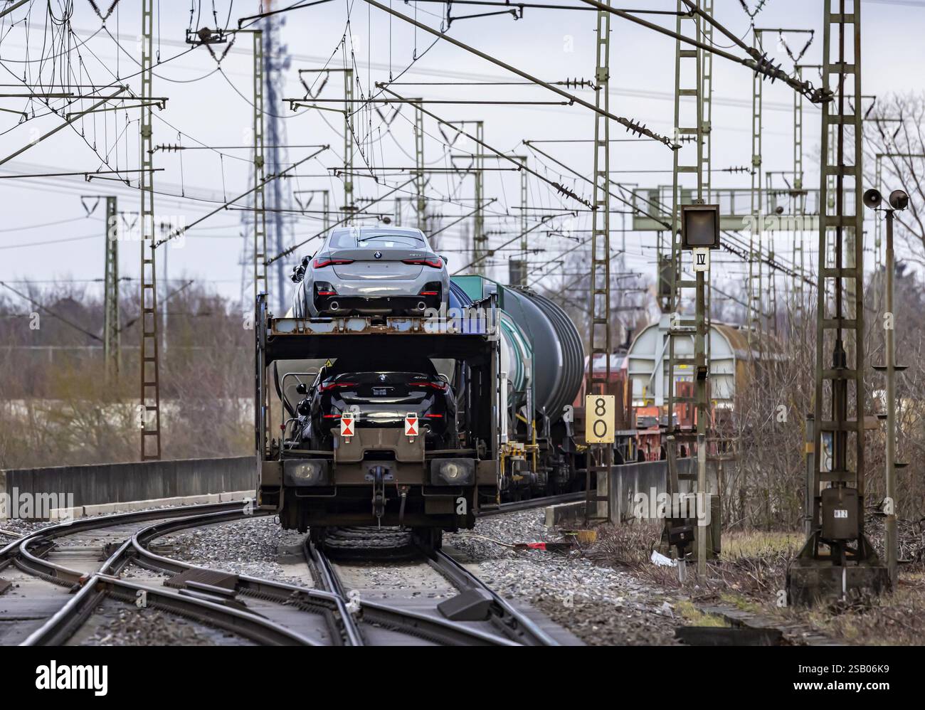 Goods train travelling on the winding Schuster Railway, overhead lines ...