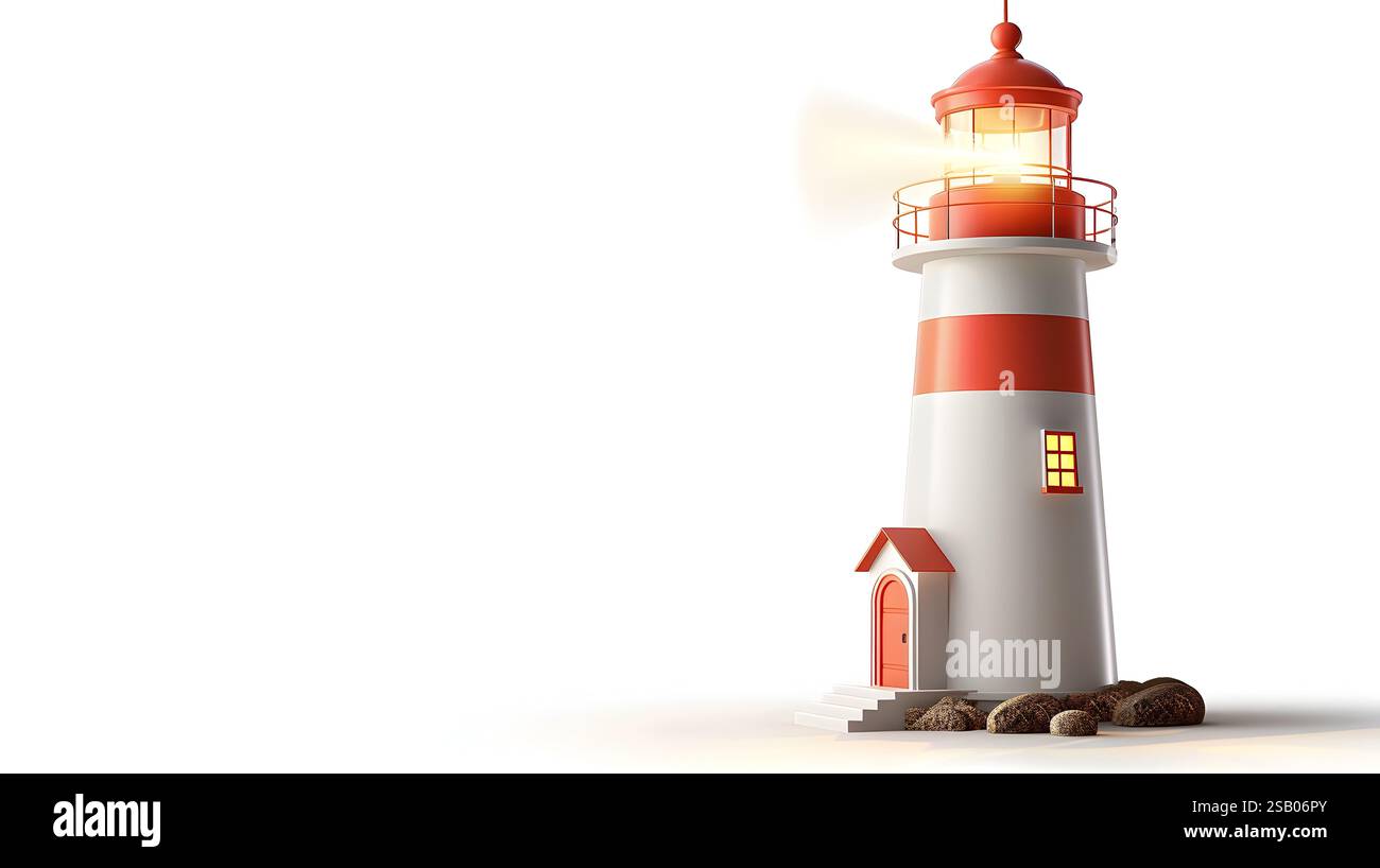 This image depicts a 3D lighthouse icon with a classic coastal design ...