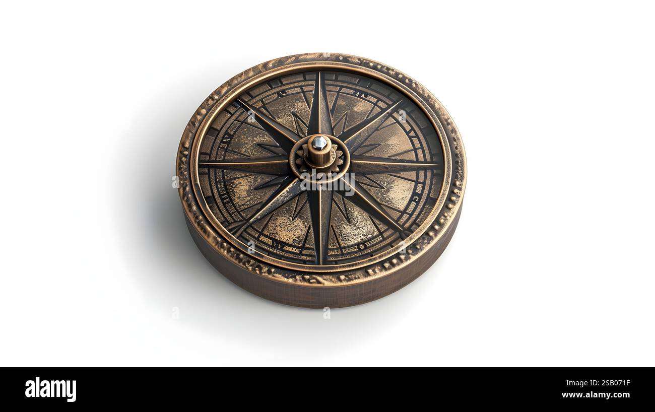 A highly detailed 3D rendering of an antique brass compass icon ...