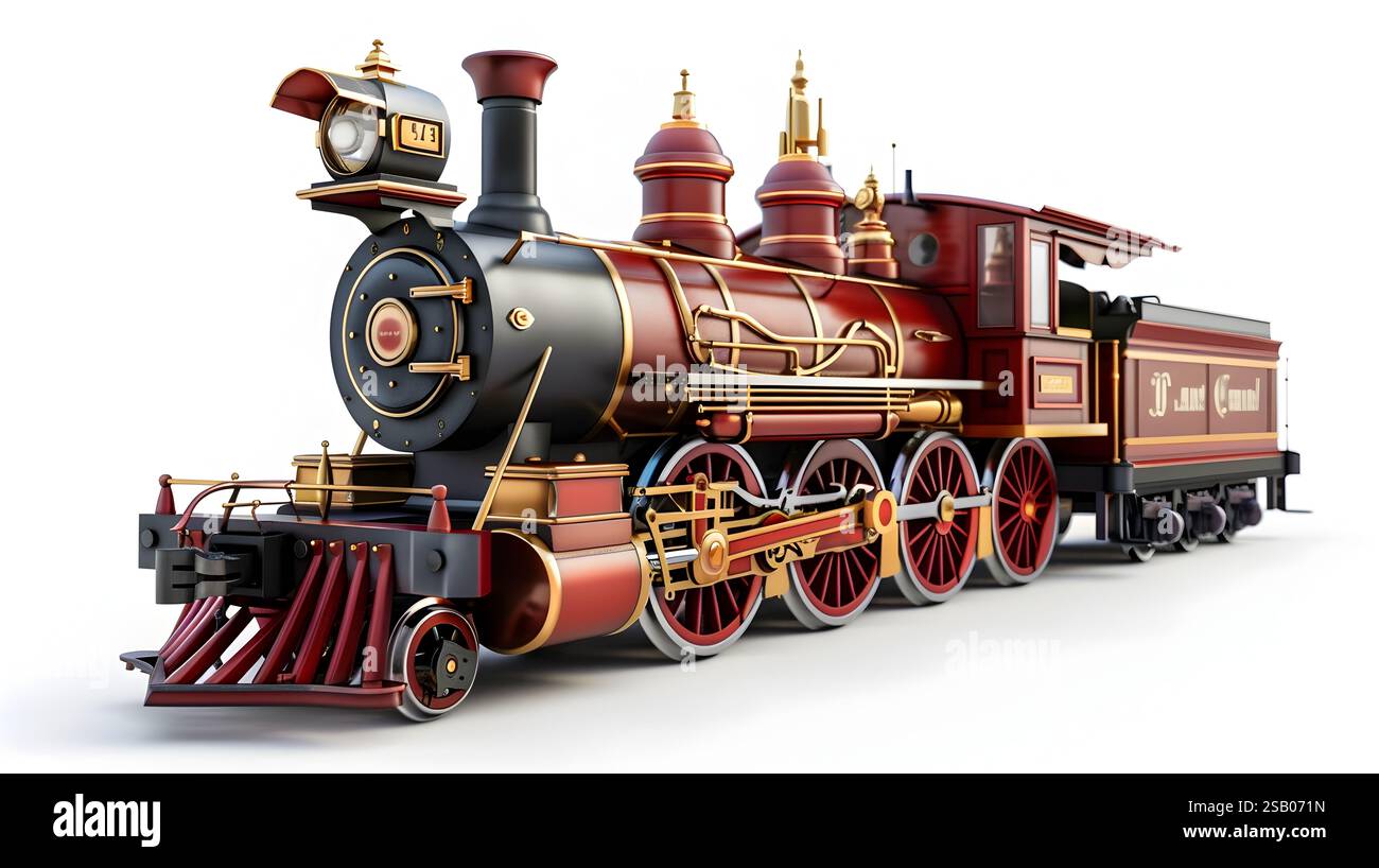This 3D rendered image depicts a classic vintage steam locomotive ...