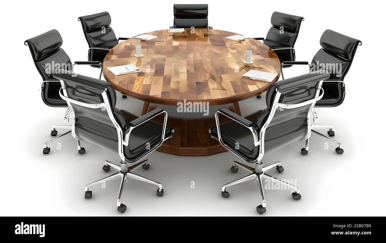 This image depicts a contemporary conference table with chairs arranged ...