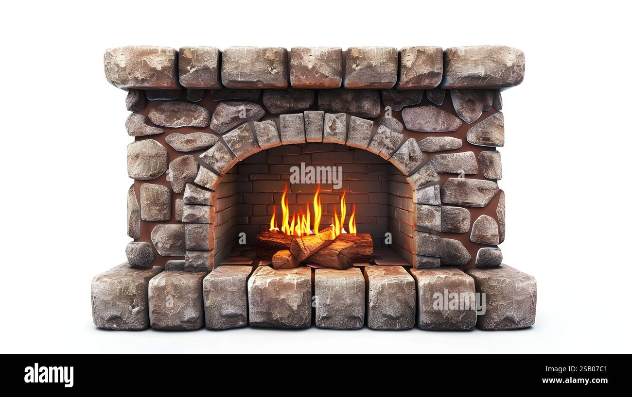 This image depicts a detailed 3D rendering of a traditional,rustic stone fireplace icon The ...