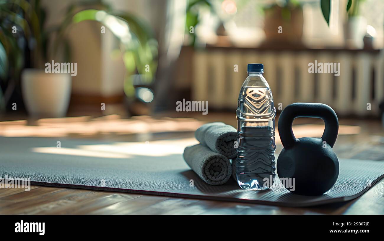 This image captures a close-up view of a home workout setup,showcasing ...
