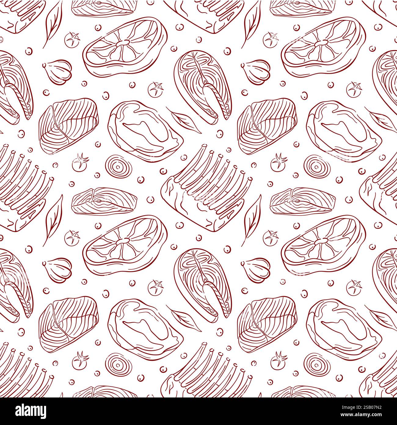Seamless pattern with line art style meat cut and fish steak ...