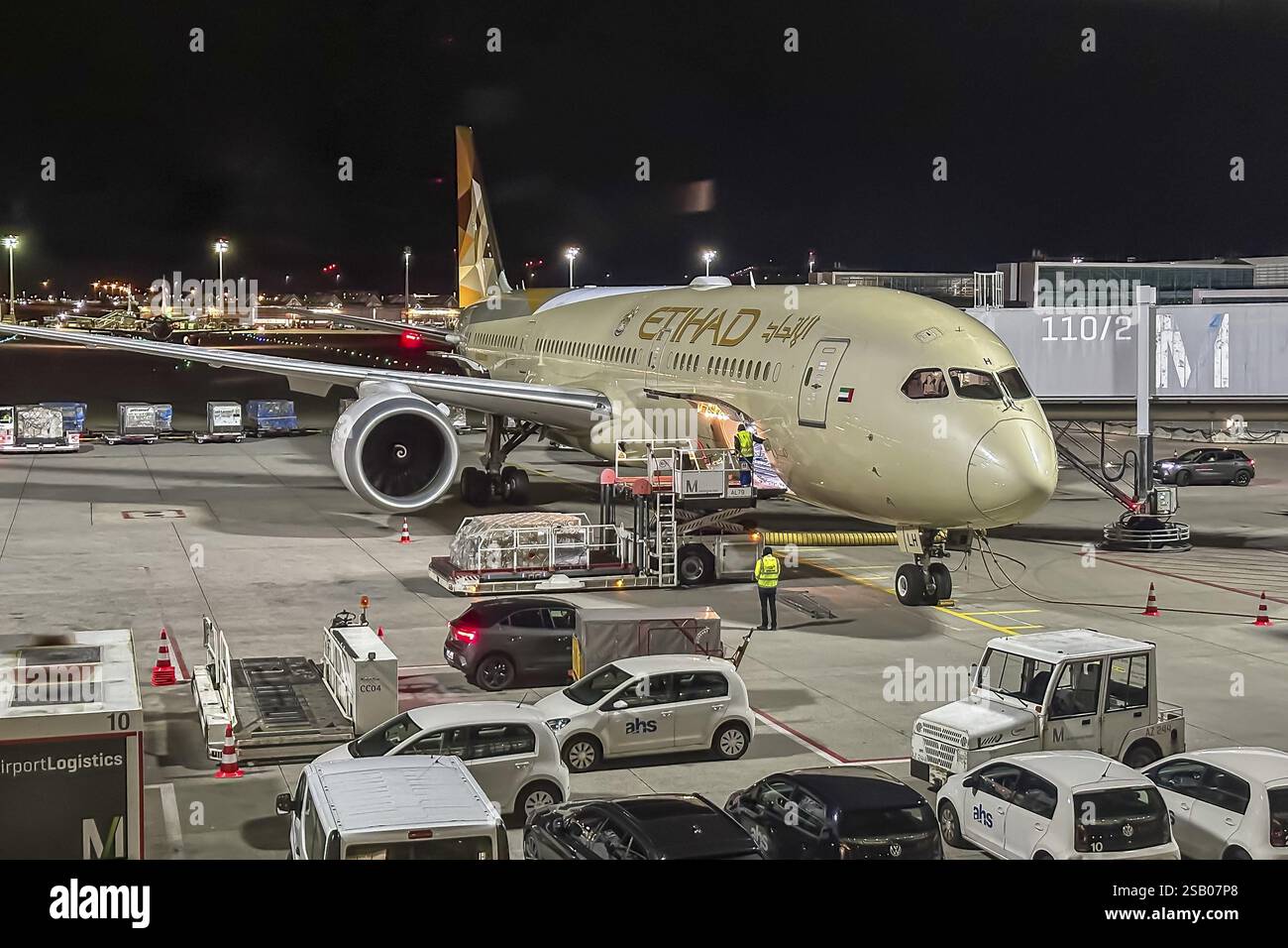 Etihad Boeing 787 aircraft at Munich Airport at night. Munich, Bavaria ...