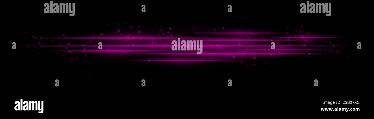 Realistic purple light streaks with glowing particles on a black ...