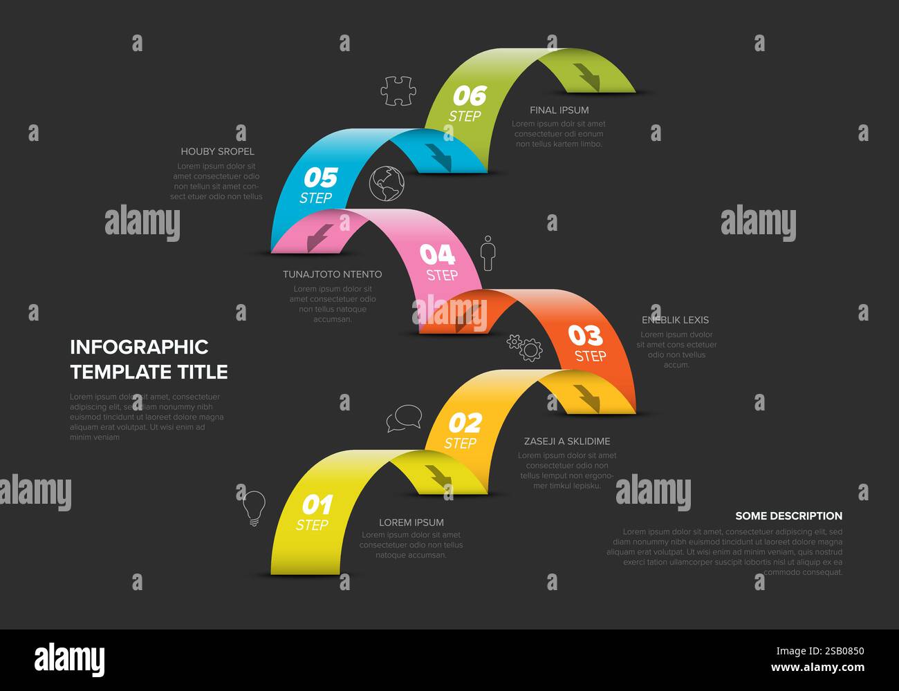 Dark infographic image displays a six-step process with vibrant ...