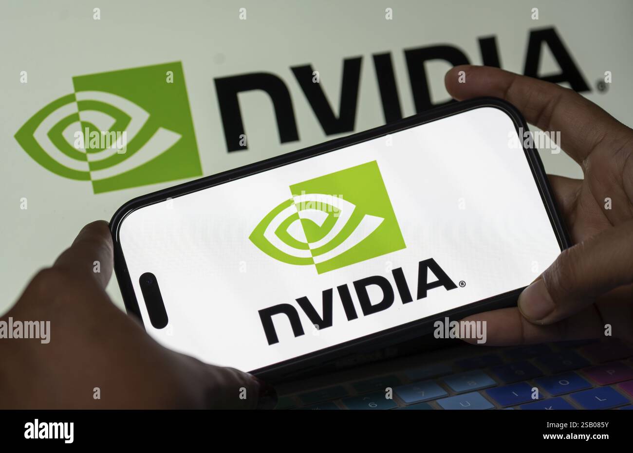 In this photo illustration, the Nvidia Corporation logo is displayed on ...