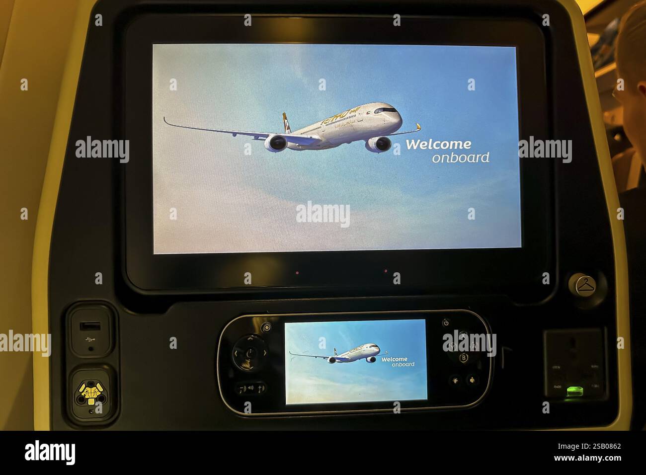 Aircraft of the airline Etihad, interior with monitor for the passenger ...