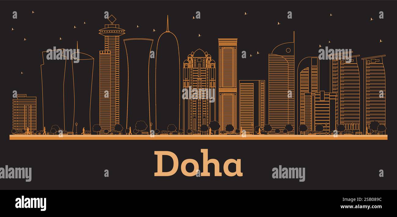 Outline Doha Qatar City Skyline with orange Buildings. Vector ...