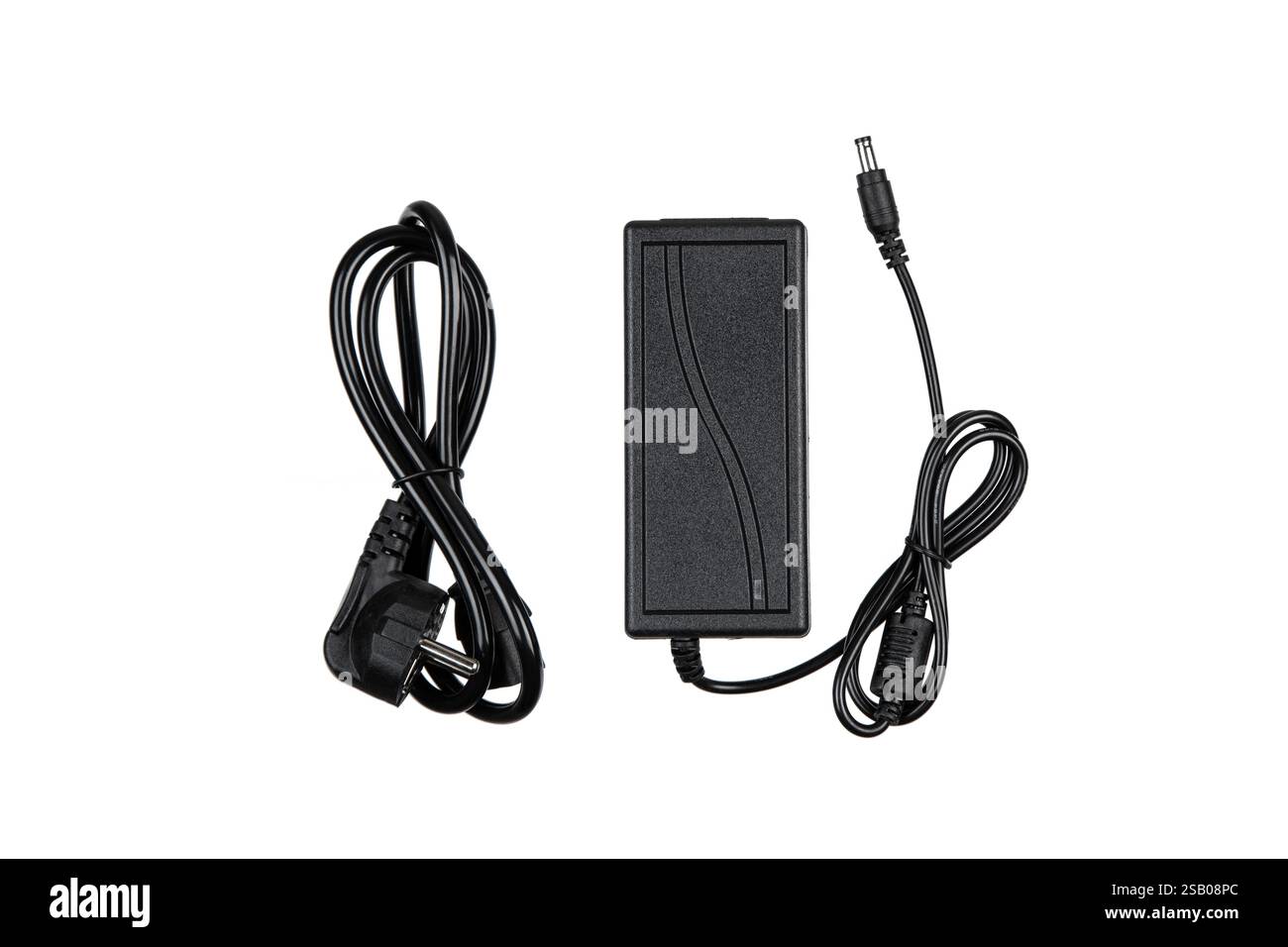 A black power adapter with two cables, one with a plug and the other ...