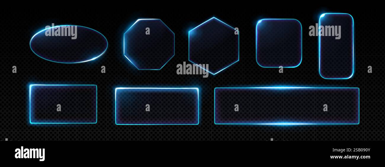 Neon glass frames collection with glowing blue light edges and ...