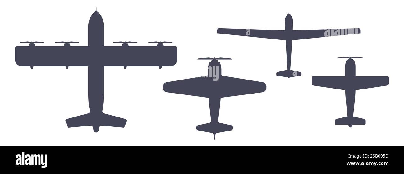 Silhouettes of light single-engine aircraft, a glider, and a heavy ...
