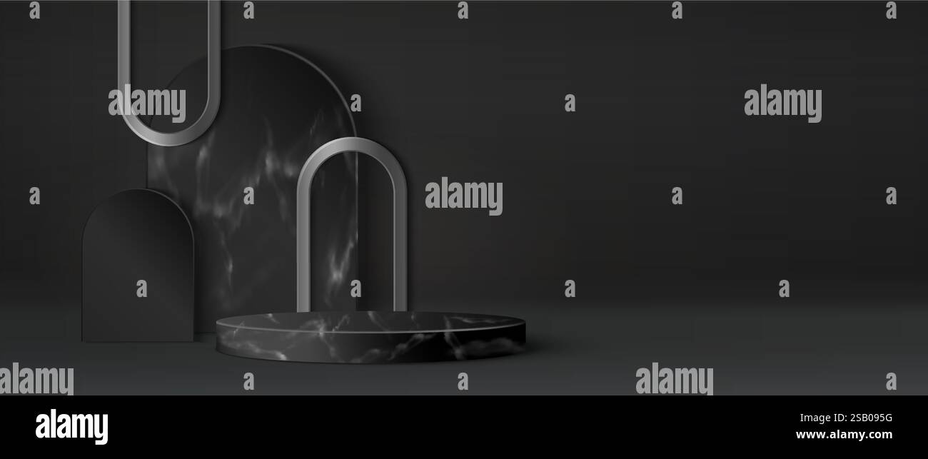 Marble podium with decorative arch structures on dark background. Black ...