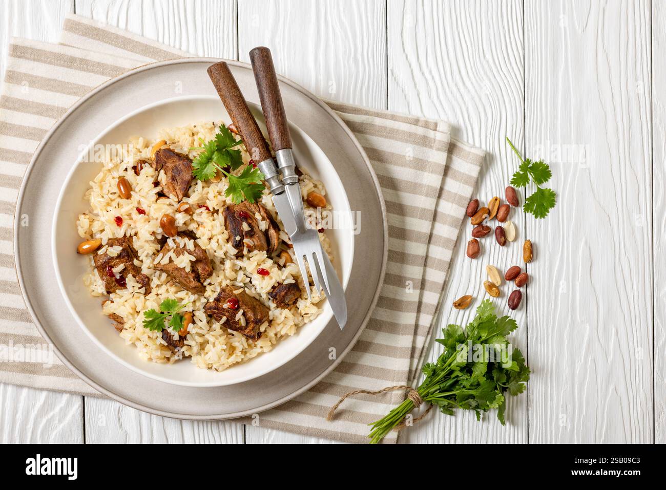 honey-soy beef and peanut rice bowl, beef rice pilaf in a white bowl on ...