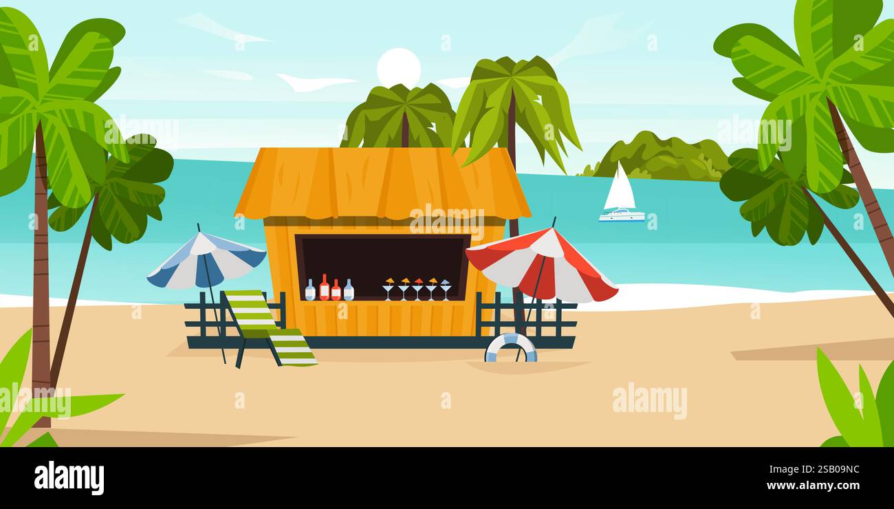 Cartoon tropical landscape with sand, water, palm trees, beach bar ...