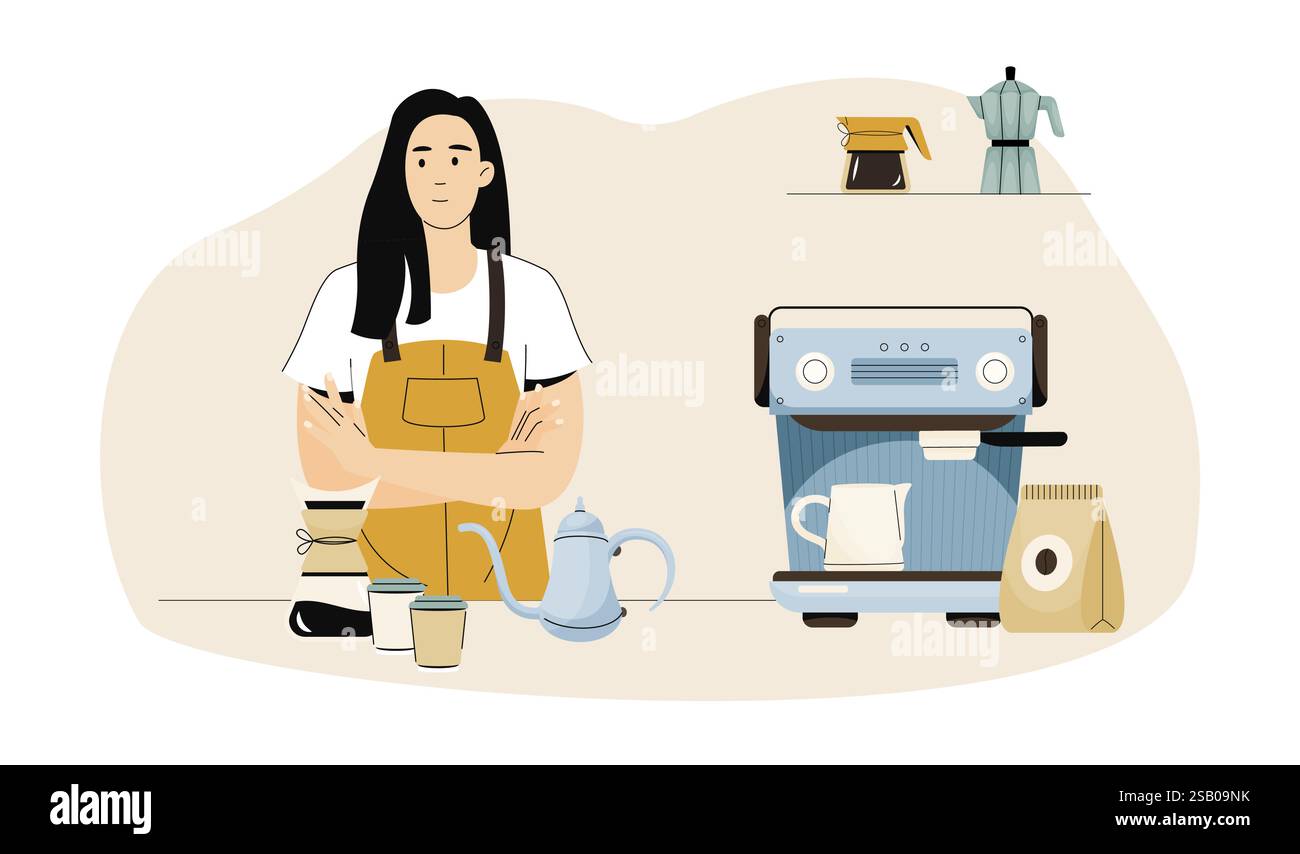 Barista in a yellow apron standing with arms crossed behind a coffee ...