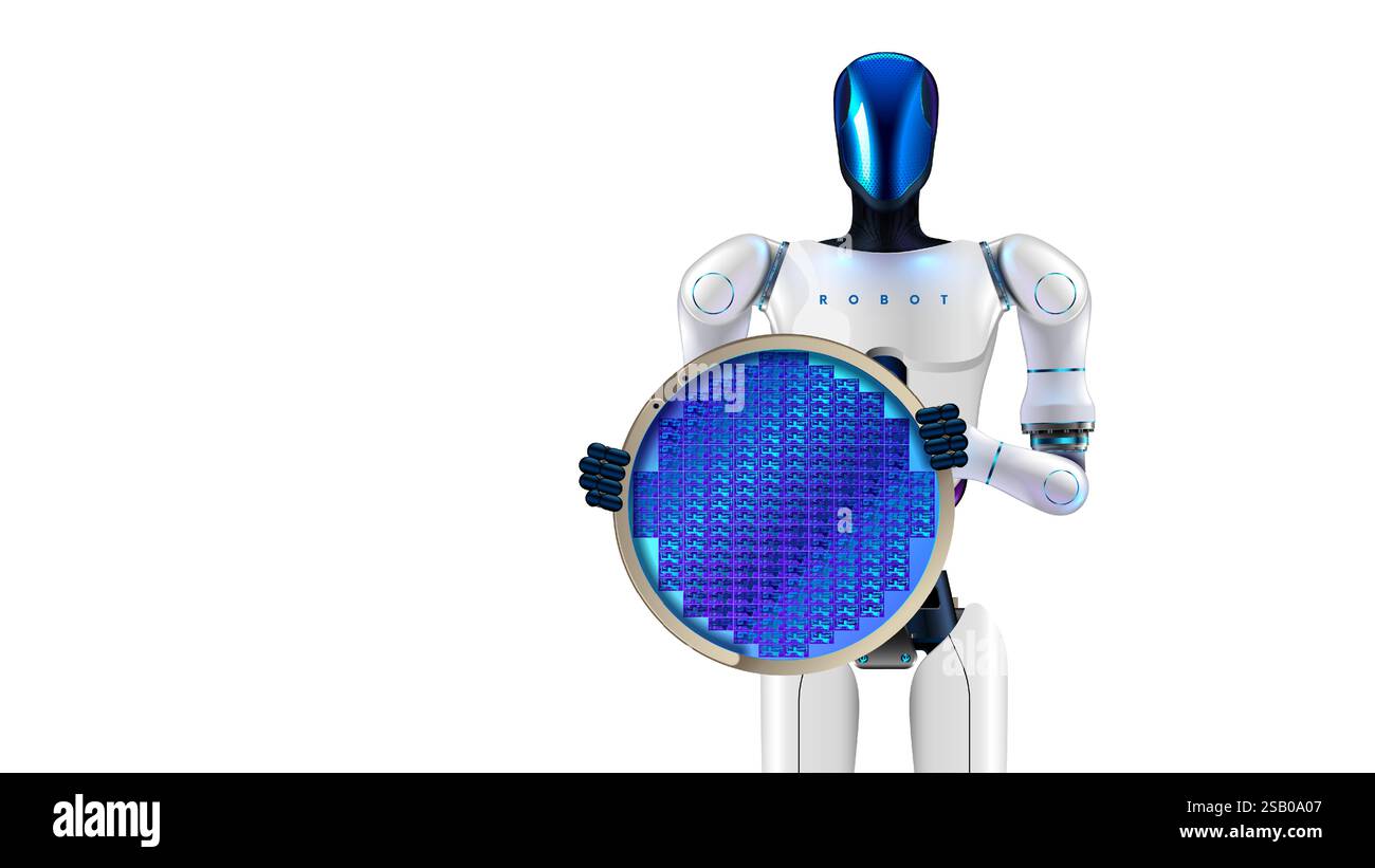 AI robot works on factory. Humanoid robot with artificial intelligence ...