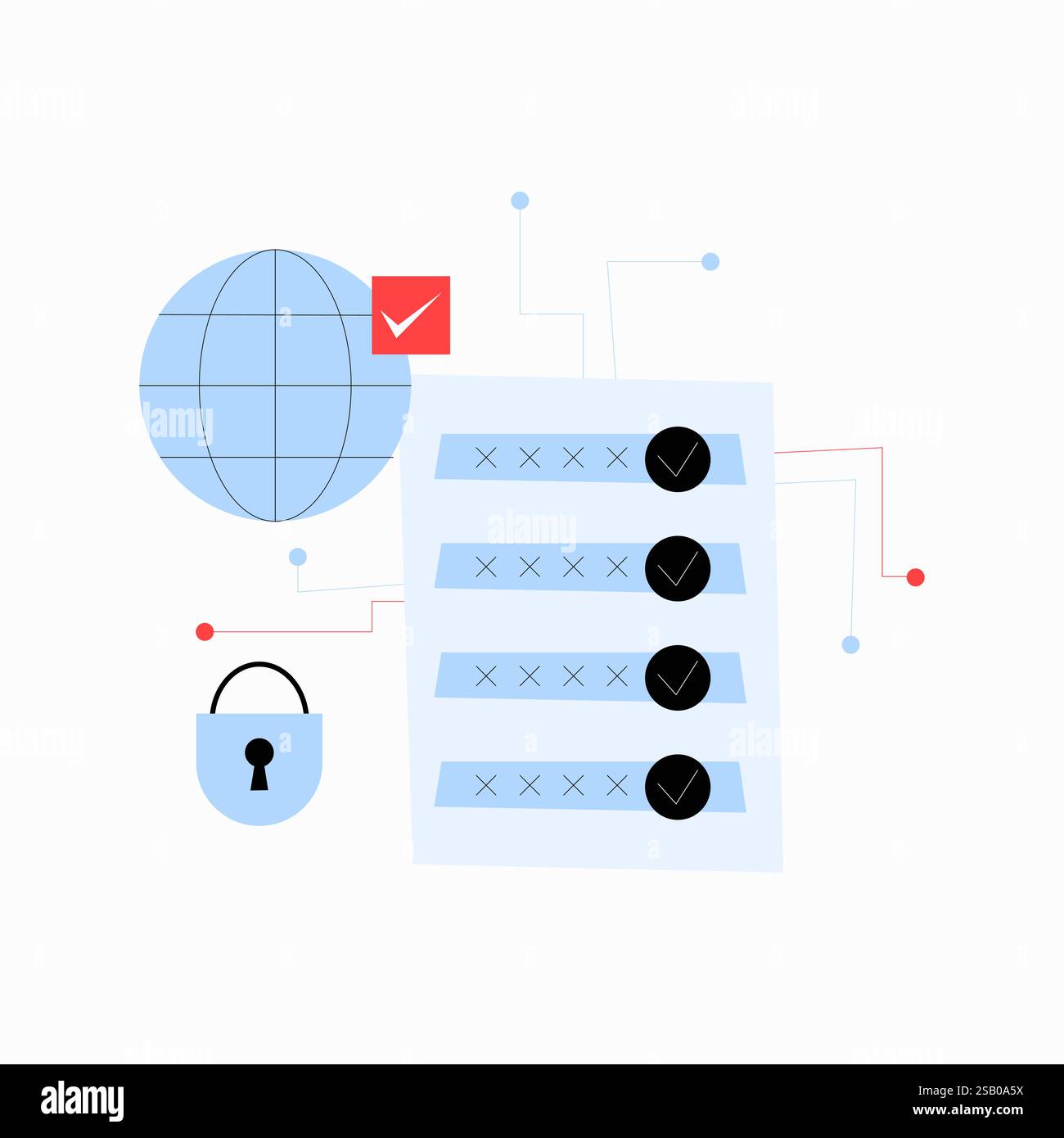 Online Security Checklist With Padlock and Global Network in Flat Vector Illustration ...