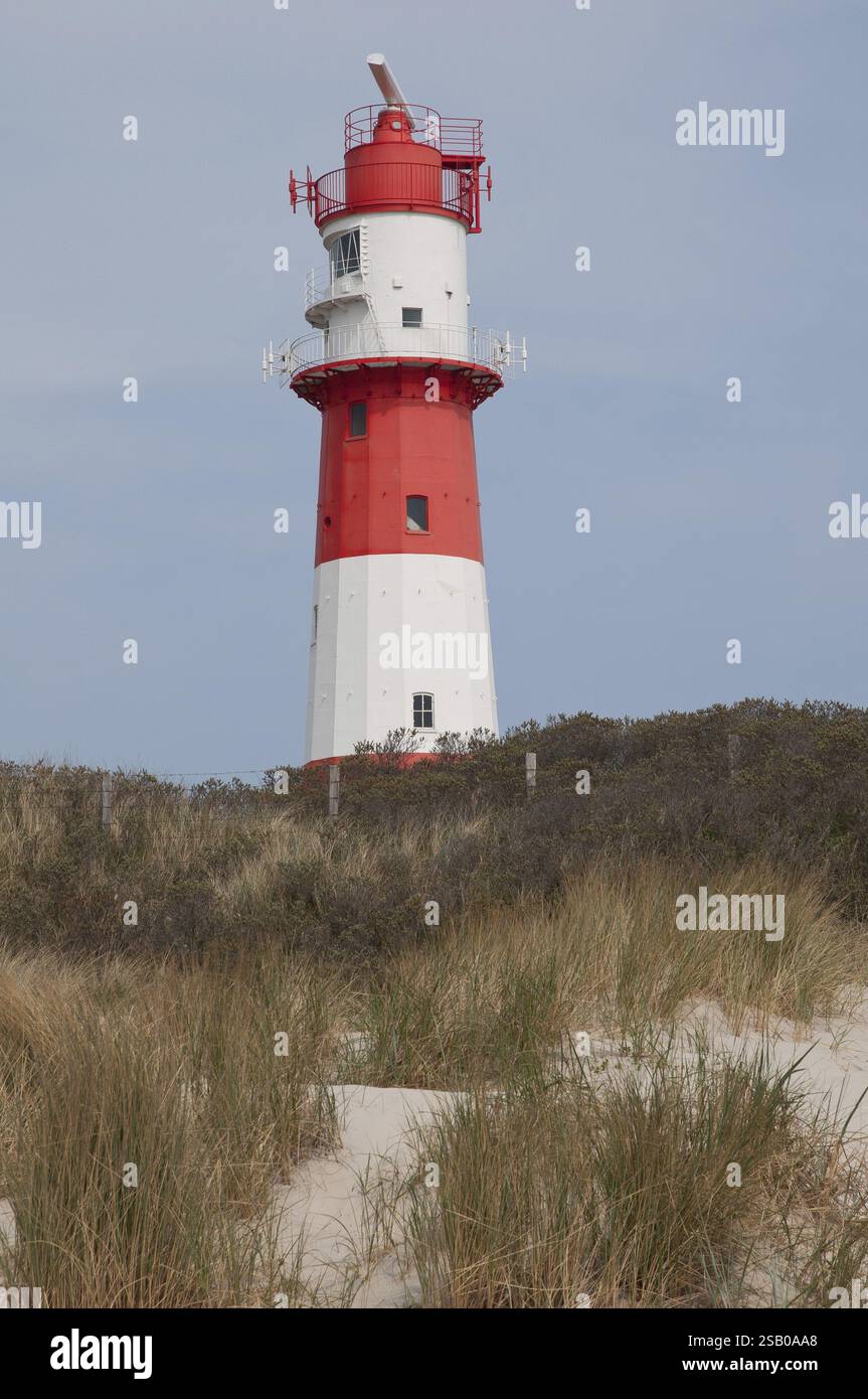 Red and white lighthouse towers over the coastal landscape, Borkum ...