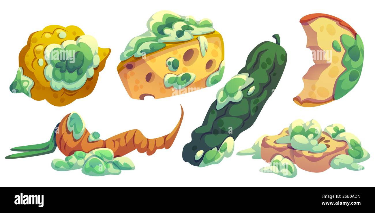Rotten food with moldy lemon, cheese slice in fungus, decomposed carrot ...