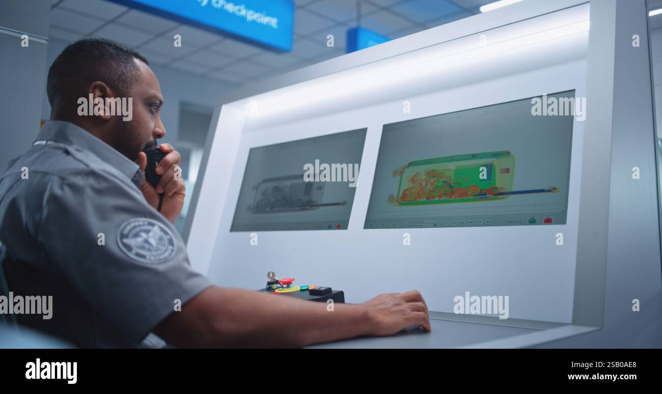 Airport Security Checkpoint: African American Security Officer Controls ...