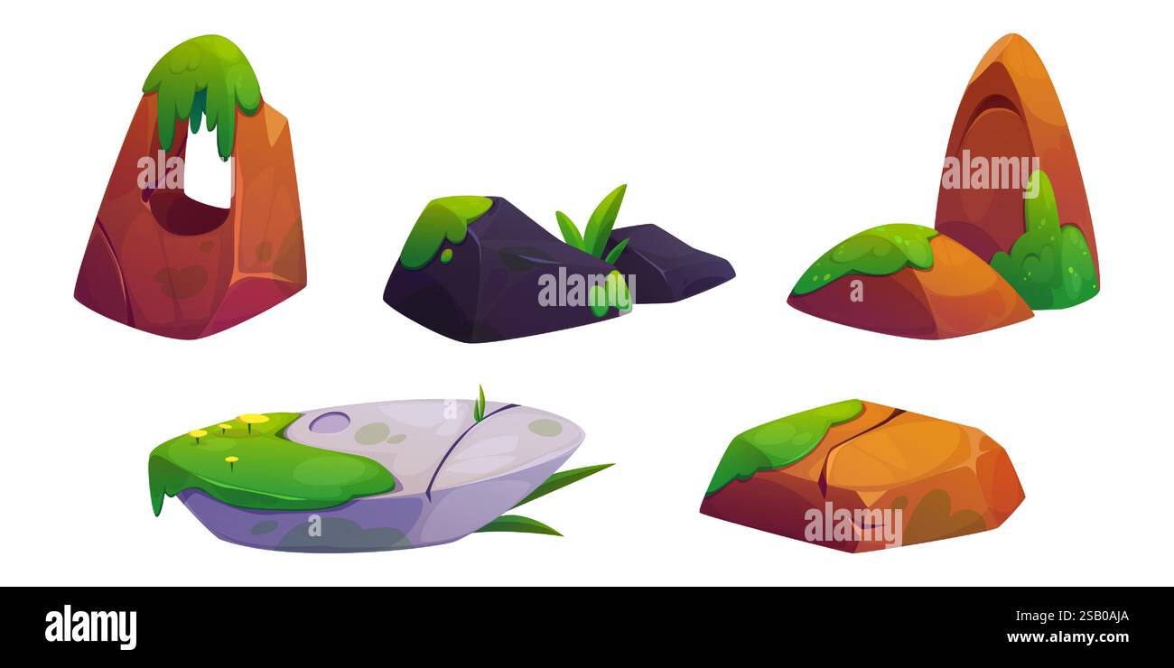 Mossy rock collection with cartoon landscape elements for game ...