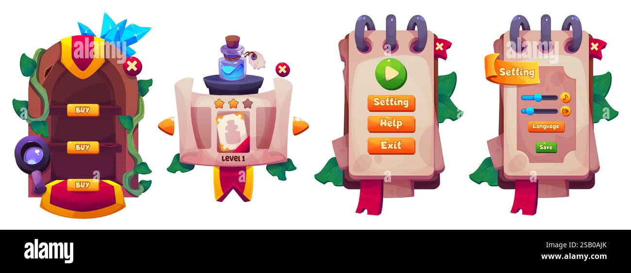 Game interface design set with fantasy menu elements, shop interface and settings panels ...