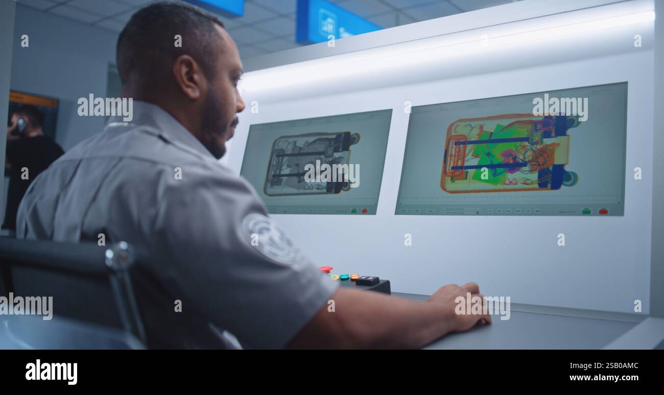 Airport Security Checkpoint: African American Security Officer Monitors ...