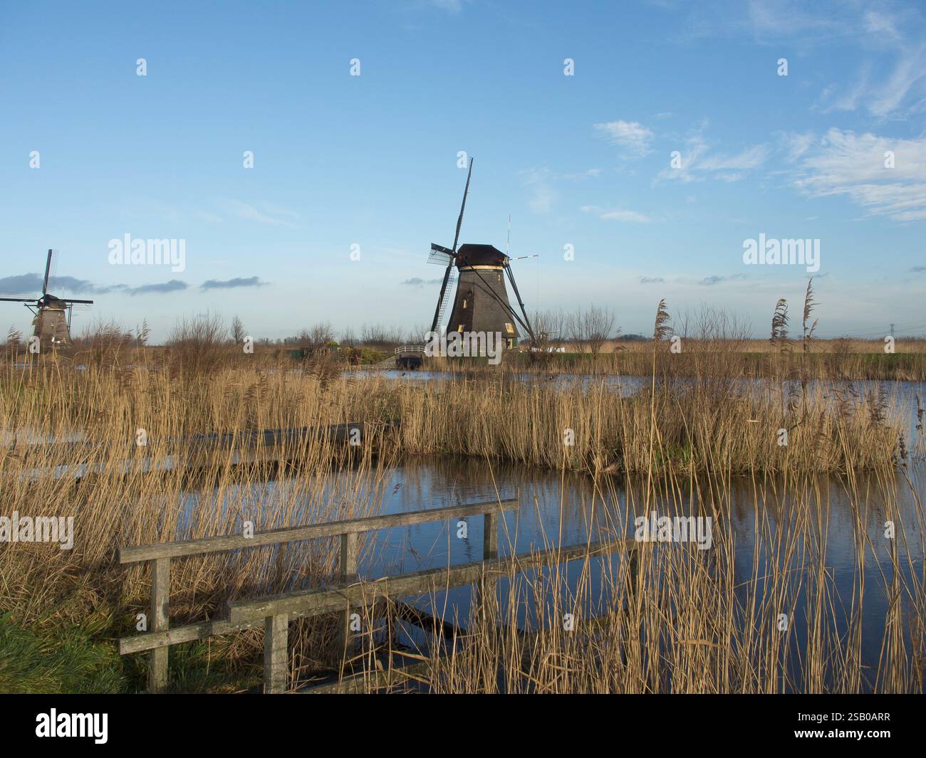 Two windmills at the edge of a watercourse, surrounded by reeds and a ...