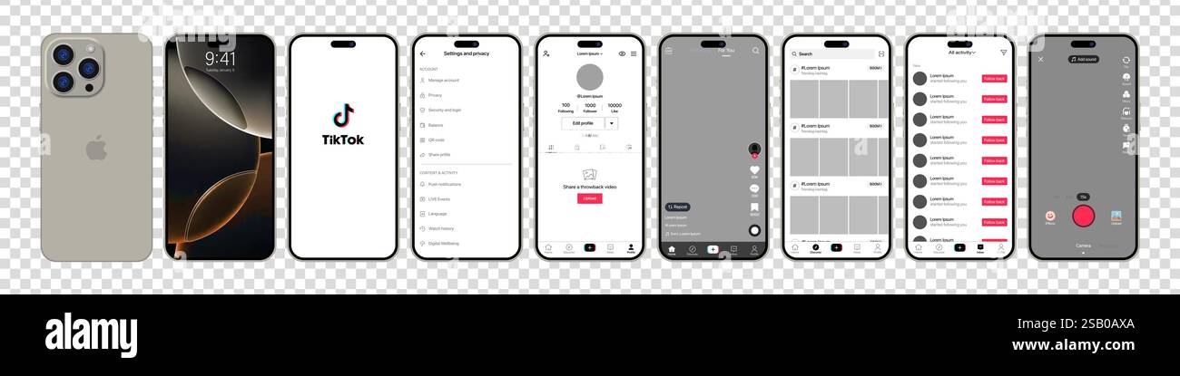 Tik Tok design in Iphone 16 pro. Set Tik Tok screen social media and ...