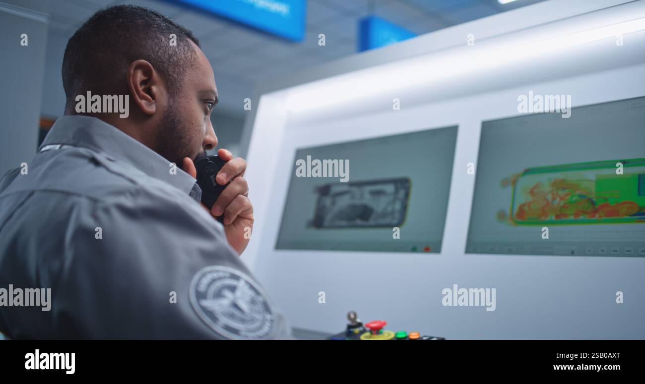 Airport Security Checkpoint: African American Security Officer Monitors ...