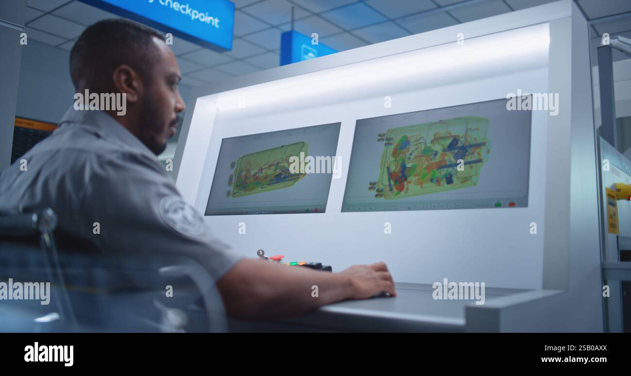 Airport Security Checkpoint: African American Security Officer Monitors ...