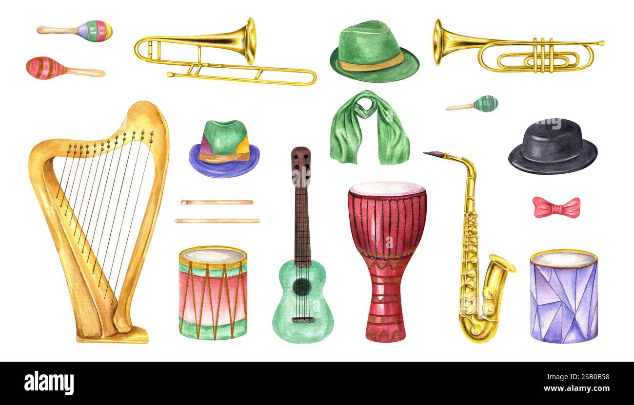 Carnival musical instruments, holiday hats with scarf, bow tie clip art ...