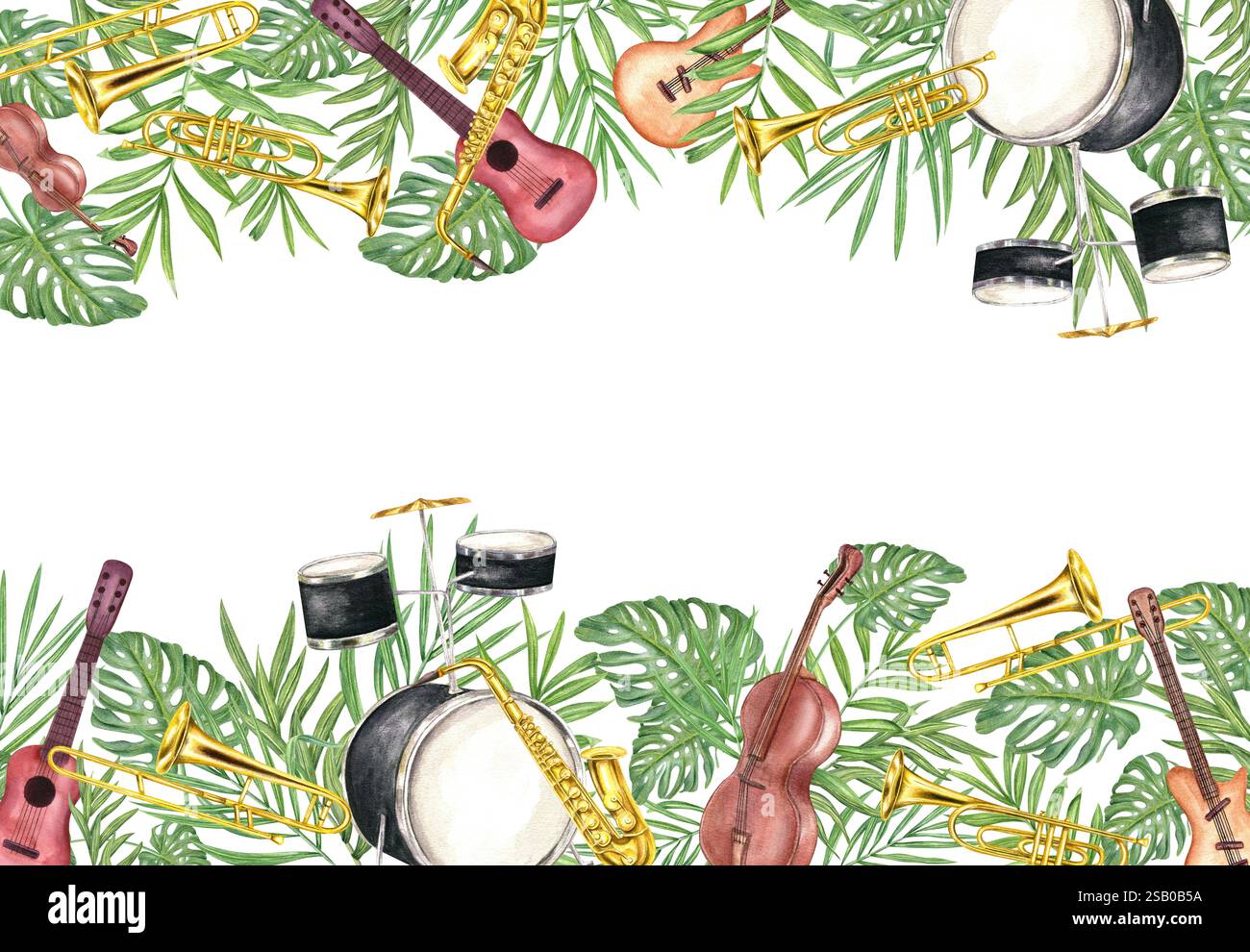 Watercolor percussion, string and wind musical instruments among palm ...