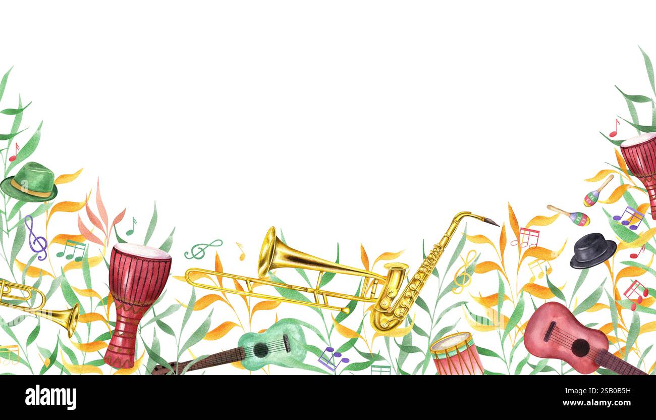 Watercolor carnival musical instruments, musical notes among abstract ...