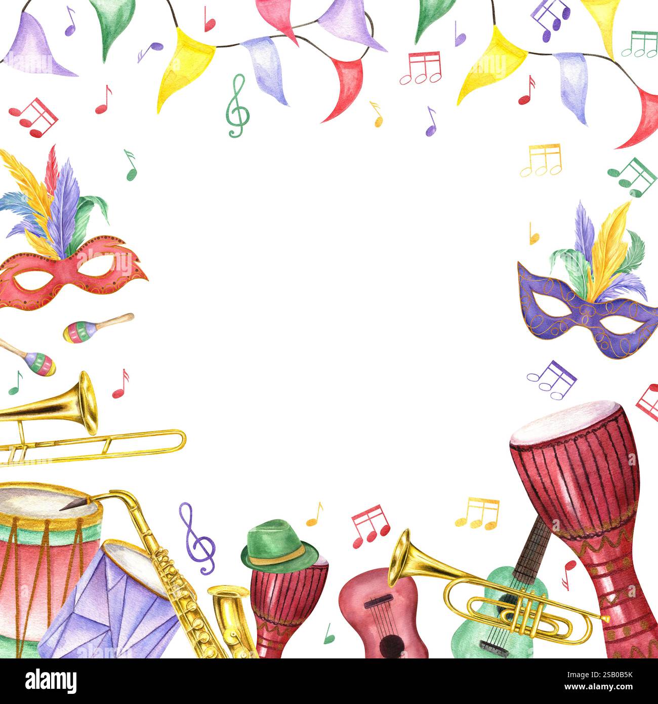 Watercolor Mardi gras carnival accessories, music instruments, musical ...