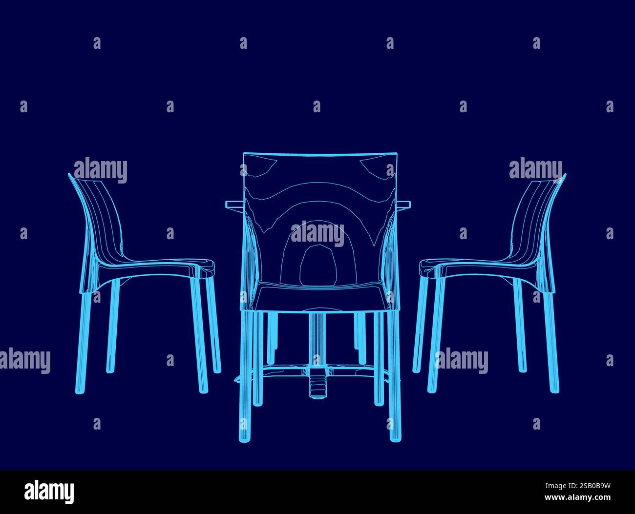 Blue chair is shown in front of two other chairs. The chairs are ...
