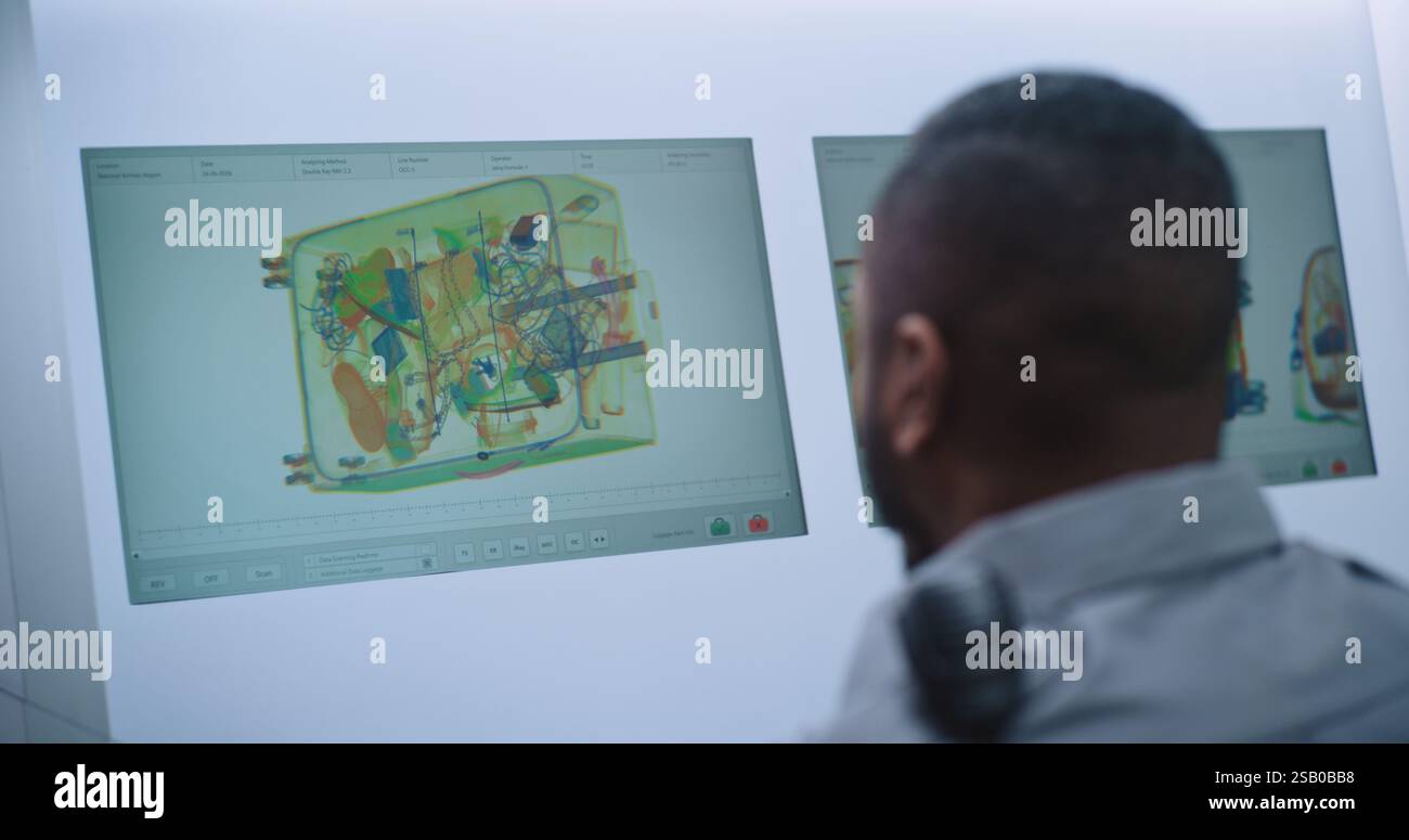 Airport Security Checkpoint: Back View of African American Security ...