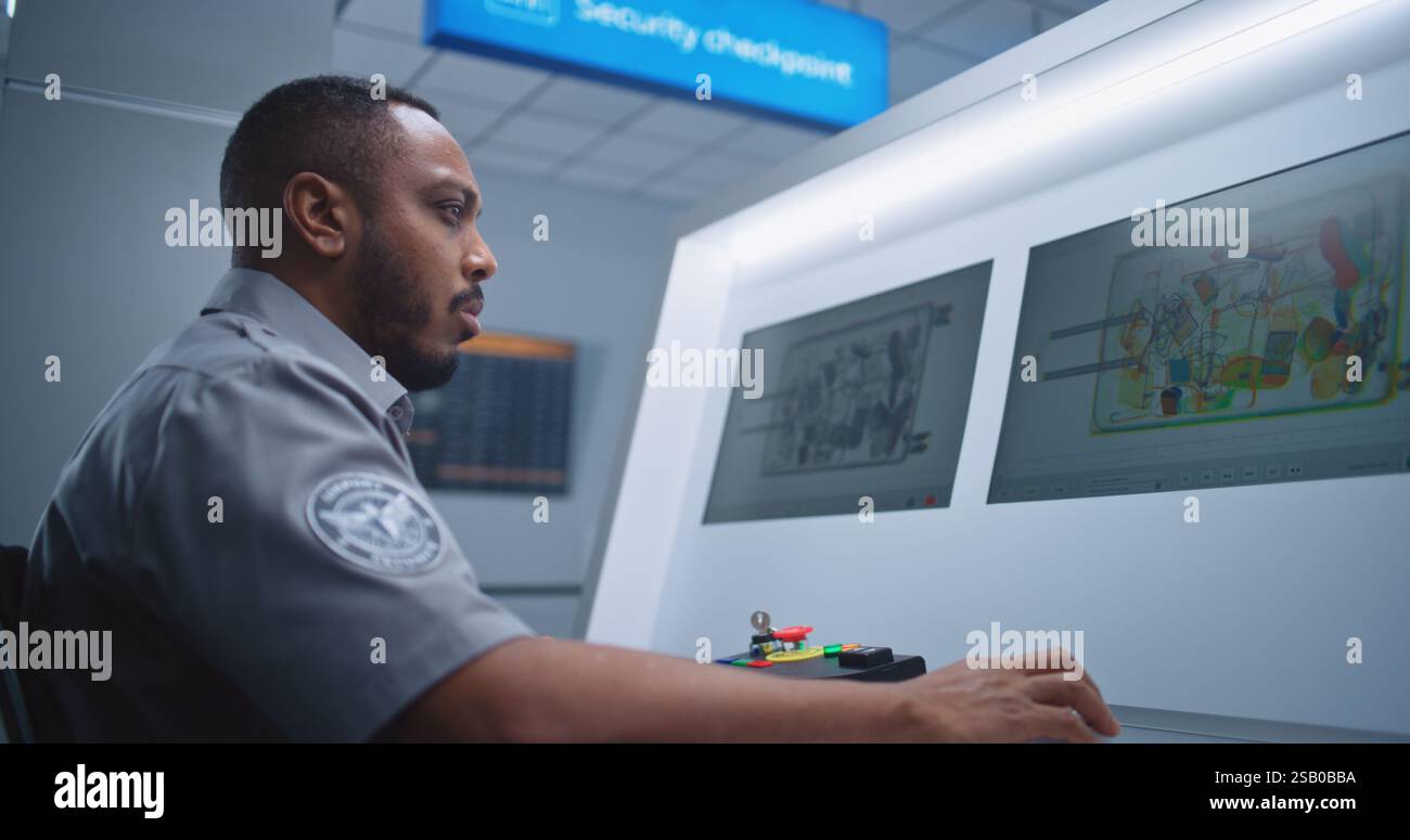 Airport Terminal: African American Security Officer Monitors Baggage ...
